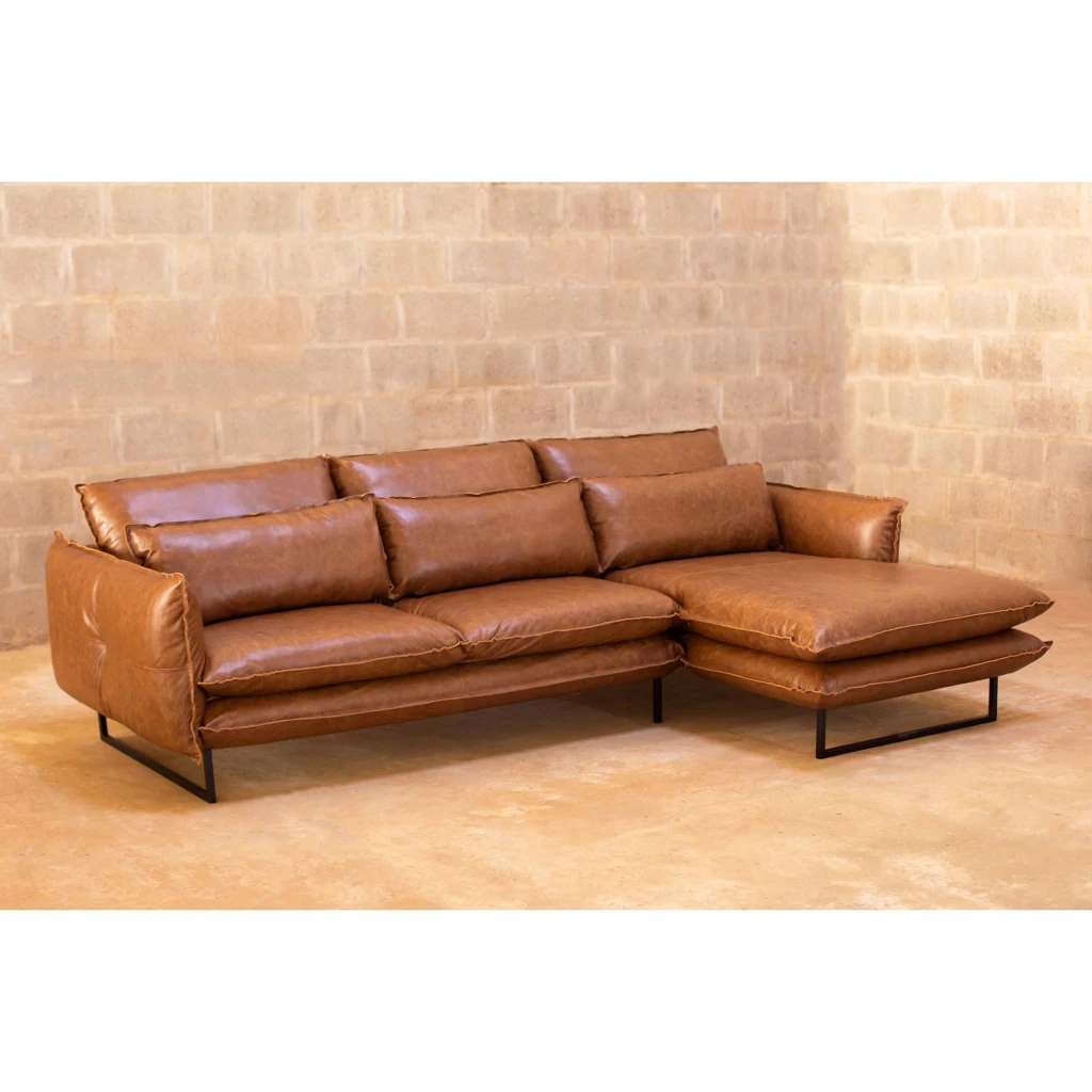 Sofá Ibiza Couro Legítimo La Paz C/ Chaise Camel 2.70mt - Plamacol